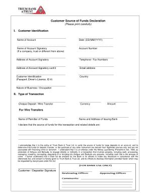 Fillable Online Customer Source Of Funds Declaration Please Print Carefully Fax Email Print