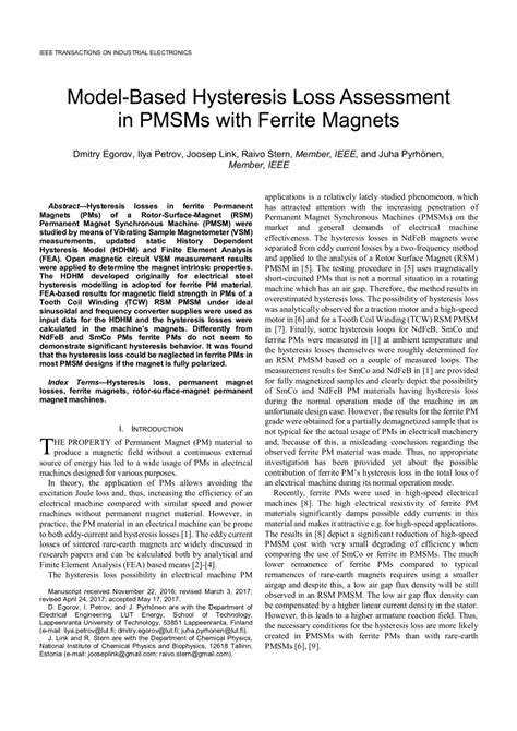 Pdf Model Based Hysteresis Loss Assessment In Pmsms With Ferrite Magnets