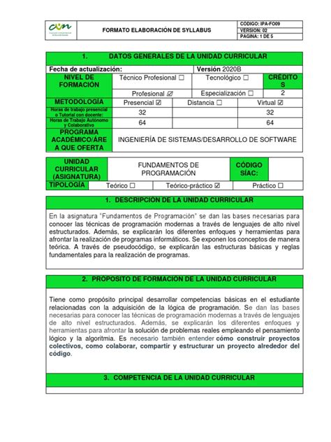 Syllabus Fundamentos De Programación Pdf Programación De