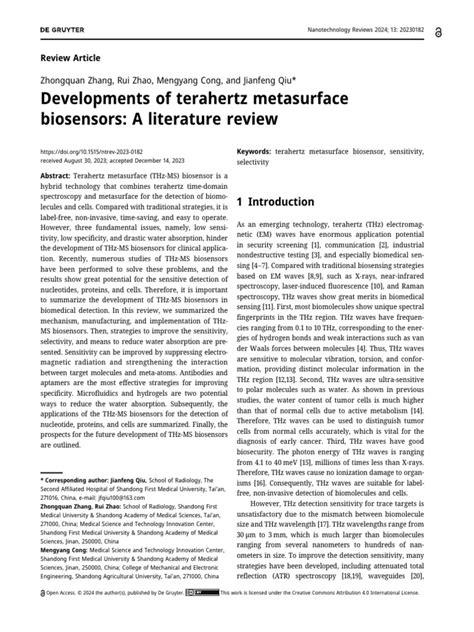 Developments Of Terahertz Metasurface Biosensors A Pdf Biosensor Graphene