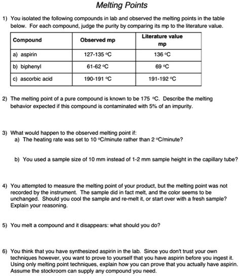 Melting Points You Isolated The Following Compounds In Lab And Observed The Melting Points In