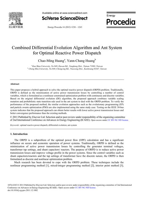 Pdf Combined Differential Evolution Algorithm And Ant System For Optimal Reactive Power Dispatch
