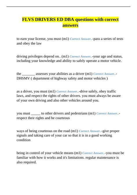 FLVS DRIVERS ED DBA Questions With Correct Answers Flvs Driver Stuvia US