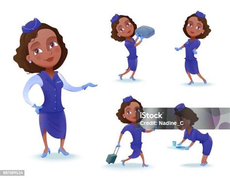 스튜 어디 스 만화 문자 집합된 항공사 승무원 바이올렛 서빙 유니폼에 귀여운 아프리카 소녀 안전 브리핑 벡터 일러스트 레이 션을 하 고 공항에 대한 스톡 벡터 아트 및 기타