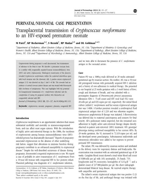 Transplacental Transmission Of Cryptococcus Neoformans To An Hiv