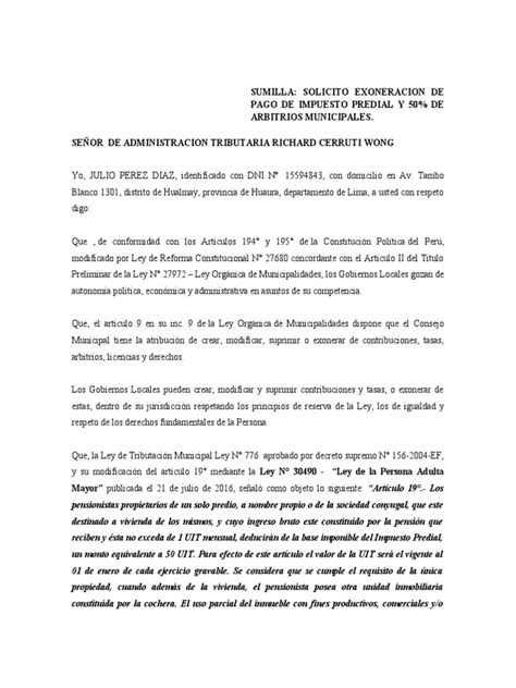 Exoneracion De Impuesto Predial Y Arbitrios Pdf Impuestos