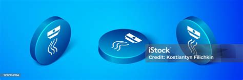 파란색 배경에 격리된 등색 연기 경보 시스템 아이콘입니다 연기 감지기 파란색 원 버튼입니다 벡터 3차원 형태에 대한 스톡 벡터 아트 및 기타 이미지 Istock