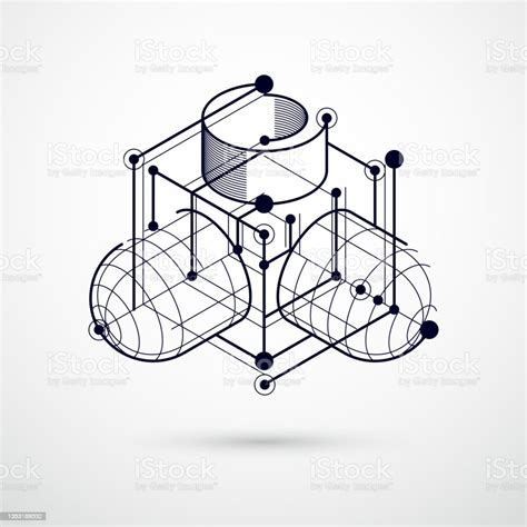 큐브와 라인으로 만든 엔지니어링 기술 흑백 벡터 3d 벽지 엔지니어링 시스템의 일러스트레이션 추상적 기술 배경 추상적 기술적 배경을 참조하십시오 3차원 형태에 대한 스톡
