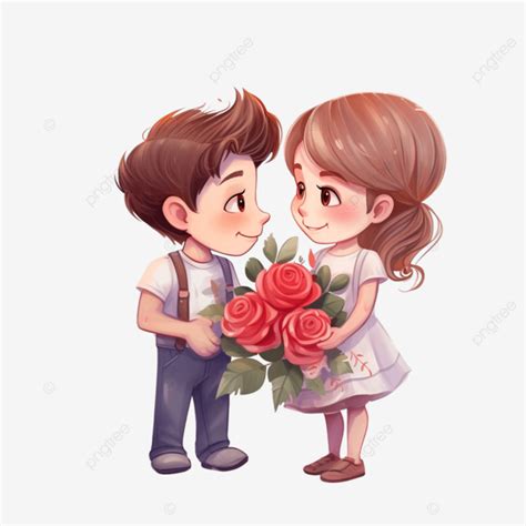 زوجين في الحب الصبي يعطي الفتاة باقة من الزهور لعيد الحب أو عيد ميلاد