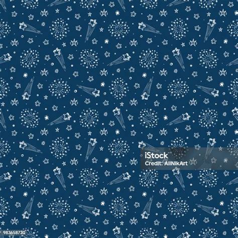 휴일 불꽃 배경입니다 축제 파티 벽지입니다 손으로 그린 낙서 불꽃놀이 별 패턴 원활한 벡터 일러스트 레이 션 경례에 대한 스톡 벡터 아트 및 기타 이미지 Istock