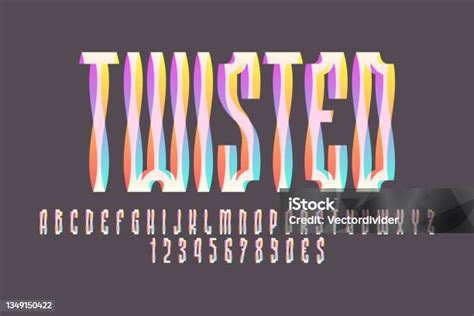 트위스트 예술 디스플레이 글꼴 다채로운 그라데이션 문자 숫자 및 통화 표지판 고립 된 영어 알파벳 벡터 레터링 비틀어진에 대한
