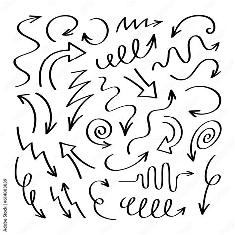 Super Set Different Shape Hand Drawn Arrows Doodle Style Curved And Squiggly Arrows Vector