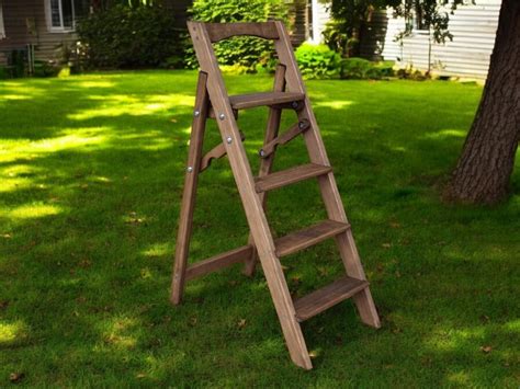 Brown Natural Wood Folding Ladder For Kitchen Or Library Wooden