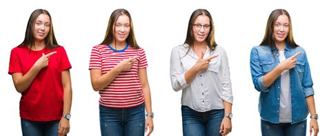 흰색 위에 젊은 아름 다운 소녀의 콜라주 배경 손과 카메라 보고 얼굴에 행복 하 고 자연 식 가진 측까지 손가락으로 가리키는 얼굴의 미소와 쾌활 한 고립 가리키기에 대한