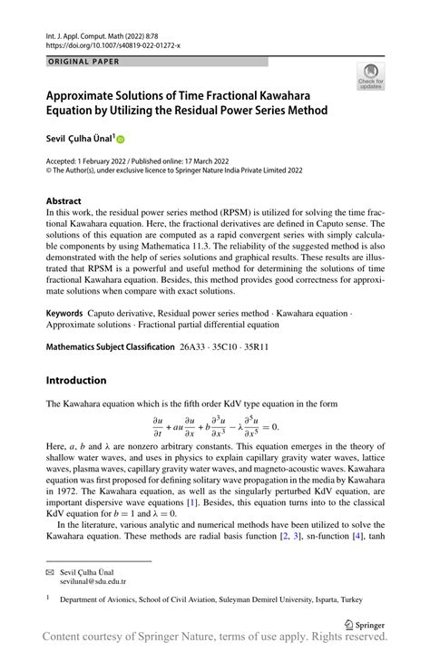 Approximate Solutions Of Time Fractional Kawahara Equation By Utilizing The Residual Power