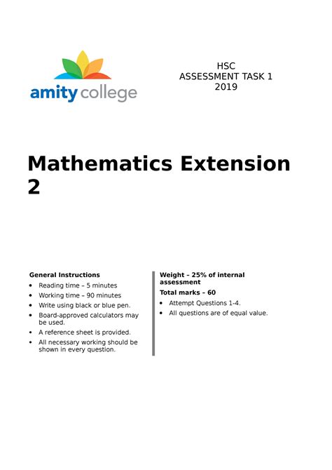 2019 Hsc Maths Ext2 Task 1 Hsc Assessment Task 1 2019 Mathematics