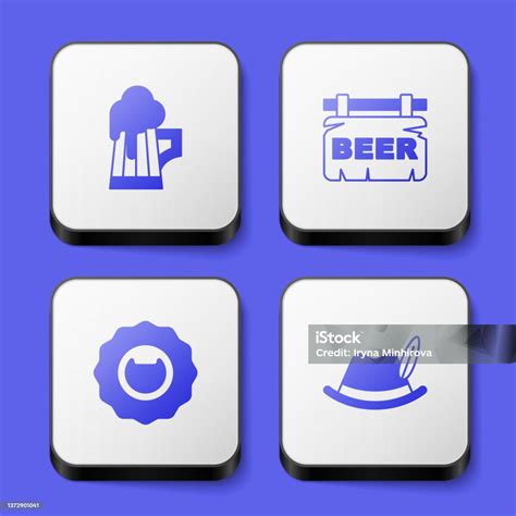 나무 맥주 잔 맥주와 거리 간판 병 오프너와 옥토버 페스트 모자 아이콘을 설정합니다 흰색 정사각형 버튼 벡터 0명에 대한 스톡 벡터 아트 및 기타 이미지 Istock