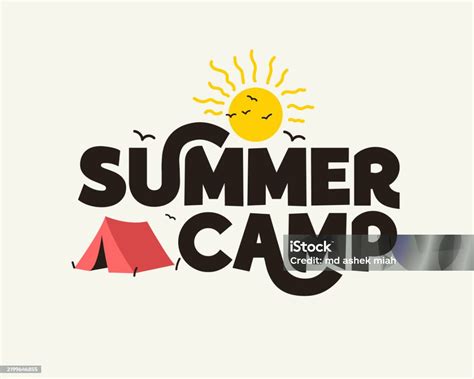 여름 캠프 배너 디자인 와 태양 새 와 흰색 배경에 텐트 포스터 템플릿 전단지 인사말 카드 티셔츠 인쇄에 대한 여름 로고 타입 스티커 편집 가능한 텍스트 벡터 그림 여름