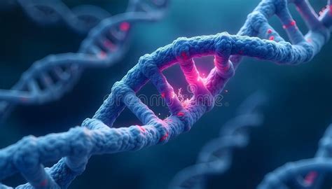 Microscope Style 3d Concept Render Of Broken Blue Dna Helix With Floating Nucleotide Fragments