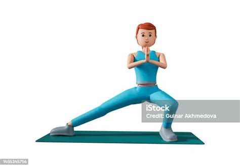요가 운동을 하는 여자의 3d 그림 흰색 배경에 격리된 요가 3d 그림의 스트레칭 운동을 하는 소녀 3차원 형태에 대한 스톡