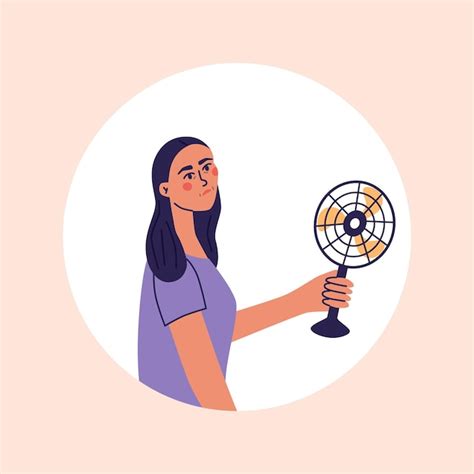 Premium Vector Woman Hold Fan Near Her Face Female Is Feel Hot And Cool Body In Front Of Fans