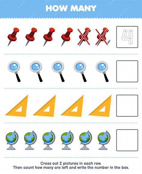 어린이를 위한 교육 게임은 얼마나 많은 귀여운 만화 핀 돋보기 눈금자 글로브를 세고 상자 인쇄 가능한 도구 워크시트에 숫자를 씁니다 프리미엄 벡터