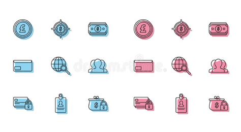 Set Line Credit Card With Lock Identification Badge Coin Money Pound Sterling Symbol Closed