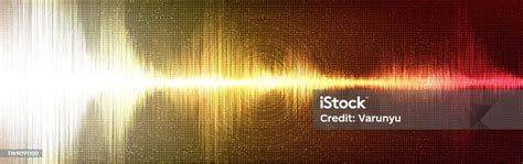 파노라마 디지털 지진 빛 빨간색과 금색 배경 기술 및 지진 웨이브 개념 음악 산업 벡터 그림에 대 한 디자인에 원형 진동으로 곡선에 대한 스톡 벡터 아트 및 기타 이미지