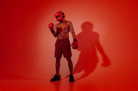 스튜디오 배경에서 싸움을 위해 연습하는 헤드 가드와 권투 글러브를 착용한 스포티한 남자 25 29세에 대한 스톡 사진 및 기타 이미지 25 29세 건강한 생활방식