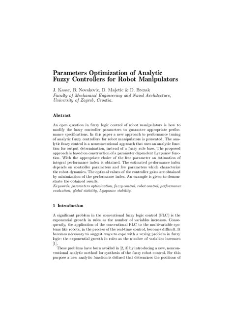 Pdf Parameters Optimization Of Analytic Fuzzy Controllers For Robot