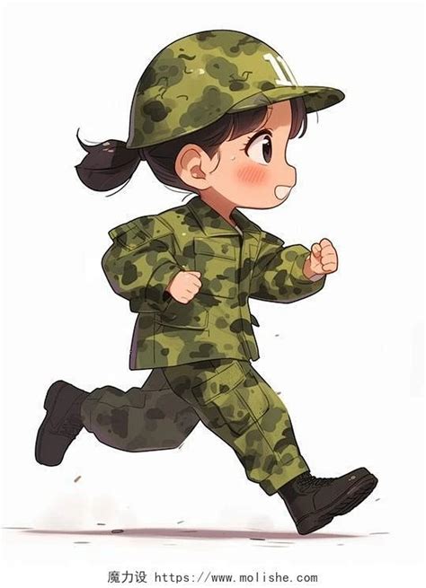卡通穿着绿色迷彩服跑步的可爱小女孩ai人物插画夏令营军训 花瓣网