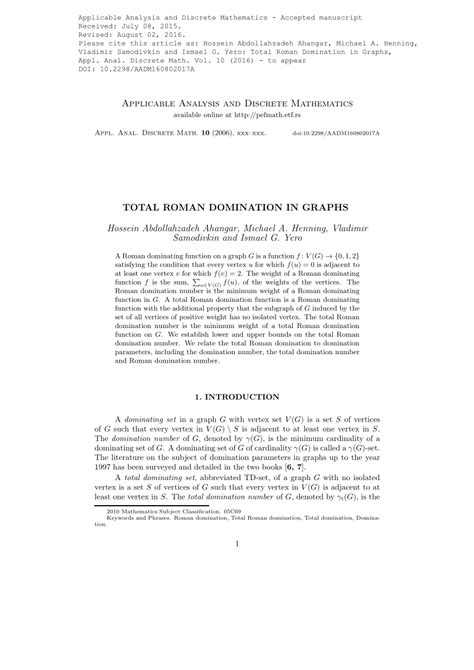 Pdf Total Roman Domination In Graphs