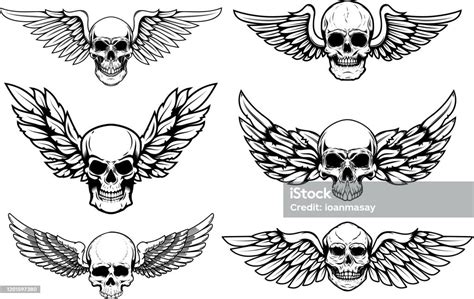 흰색 배경에 고립 된 날개 달린 두개골의 그림 세트입니다 포스터 카드 배너 기호에 대한 디자인 요소 벡터 일러스트레이션 두개골에 대한 스톡 벡터 아트 및 기타 이미지