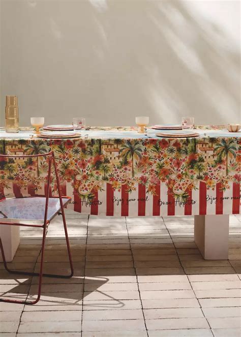 Striped Floral Print Cotton Linen Tablecloth For 6 To 8 People Mango