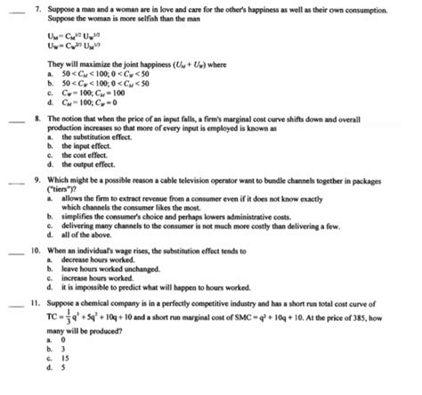 Solved Suppose A Man And A Woman Are In Love And Care For Chegg Com