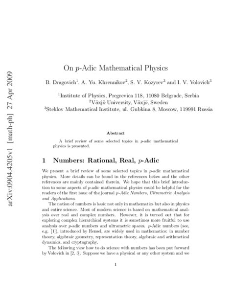 Pdf On P Adic Mathematical Physics