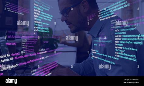Programming Code Image Over Person Working On Computer In Office Stock