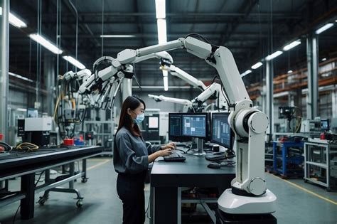 Factory Female Industrial Engineer Working With Automation Robot Arms Machine In Intelligent