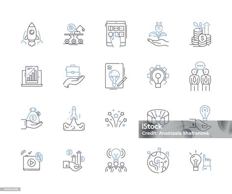 혁신 및 진행 개요 아이콘 모음입니다 혁신 진보 개발 발전 개선 향상 갱신 벡터 및 일러스트레이션 개념 세트 성장 창조 진화 선형 표지판 21세기에 대한 스톡 벡터 아트 및