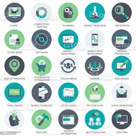 미디어 및 광고 아이콘입니다 아이콘을 이메일 마케팅 모바일 응용 프로그램 클릭 당 지불 평면 벡터 일러스트 레이 션 개발에 대한 스톡 벡터 아트 및 기타 이미지 Istock