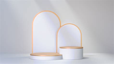 3d 렌더링 배경 두 개의 골드 화이트 실린더 스테이지 포디움과 둥근 프레임이 흰색 배경에 다시 있습니다 프레젠테이션을 위한 이미지입니다 0명에 대한 스톡 사진 및 기타