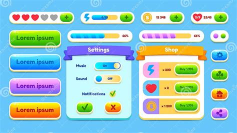gui kit casual assets for a game mobile phone a set of elements for the game interface vector