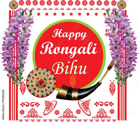 Happy Rongali Bihu With Foxtail Orchid Japi Pepa And Gamosa Elements Bihu Wish Card Greeting