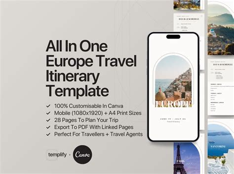 Europe Travel Itinerary Template Beige 12 Places 6 Countries Mobile And A4 Printable