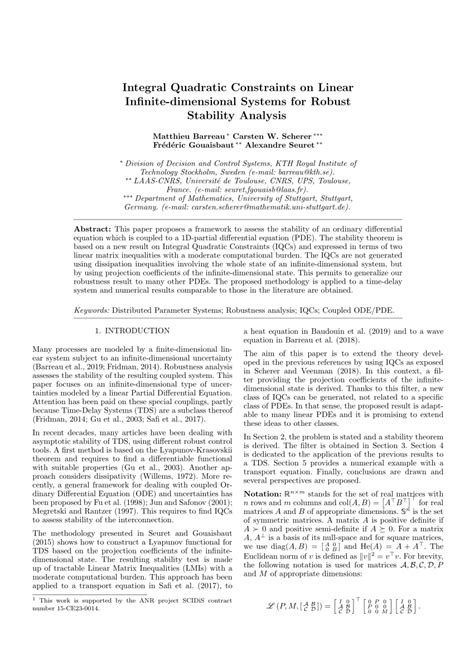Pdf Integral Quadratic Constraints On Linear Infinite Dimensional