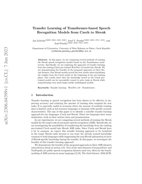 Pdf Transfer Learning Of Transformer Based Speech Recognition Models From Czech To Slovak