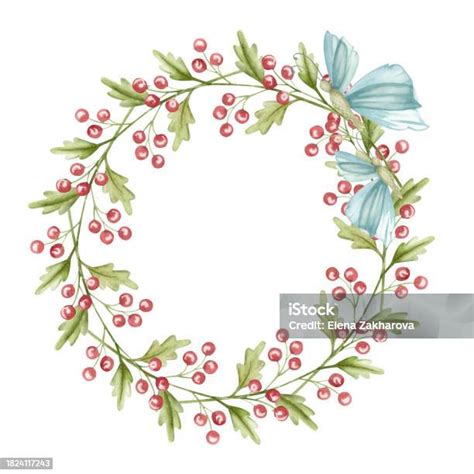 빨간 열매 수채화 그림과 나뭇 가지 프레임 테두리 배경 양식화 된 분홍색 열매 잎이있는 나뭇 가지 포장 엽서 휴일을 위한 디자인 개화기에 대한 스톡 벡터 아트 및 기타