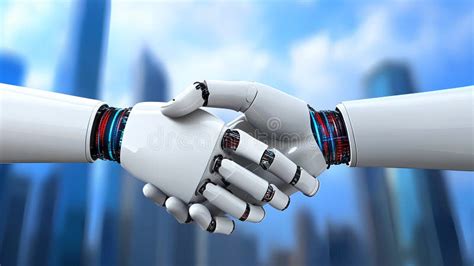 Robots Engage In A Handshake Symbolizing Partnership And Collaboration