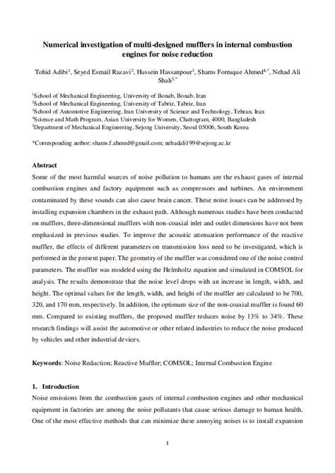 Pdf Numerical Investigation Of Multi Designed Mufflers In Internal Combustion Engines For