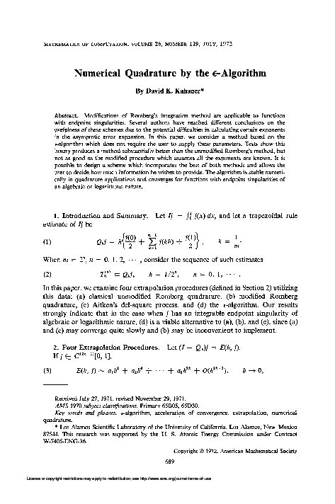 pdf numerical quadrature by the e algorithm